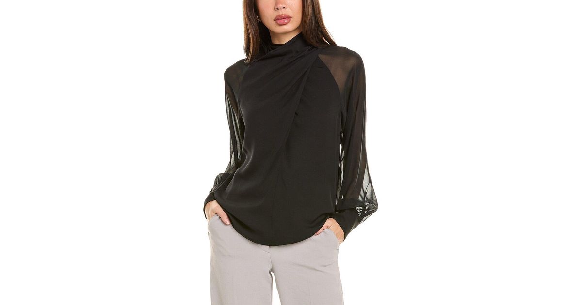 Lafayette 148 New York Sheer Sleeve Crossover Silk Blouse in Black | Lyst