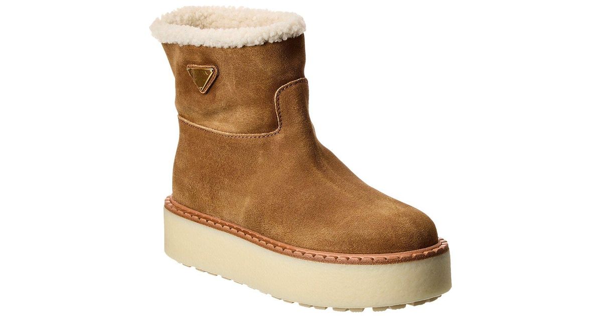 Prada Logo Suede & Shearling Platform Boot in Brown | Lyst