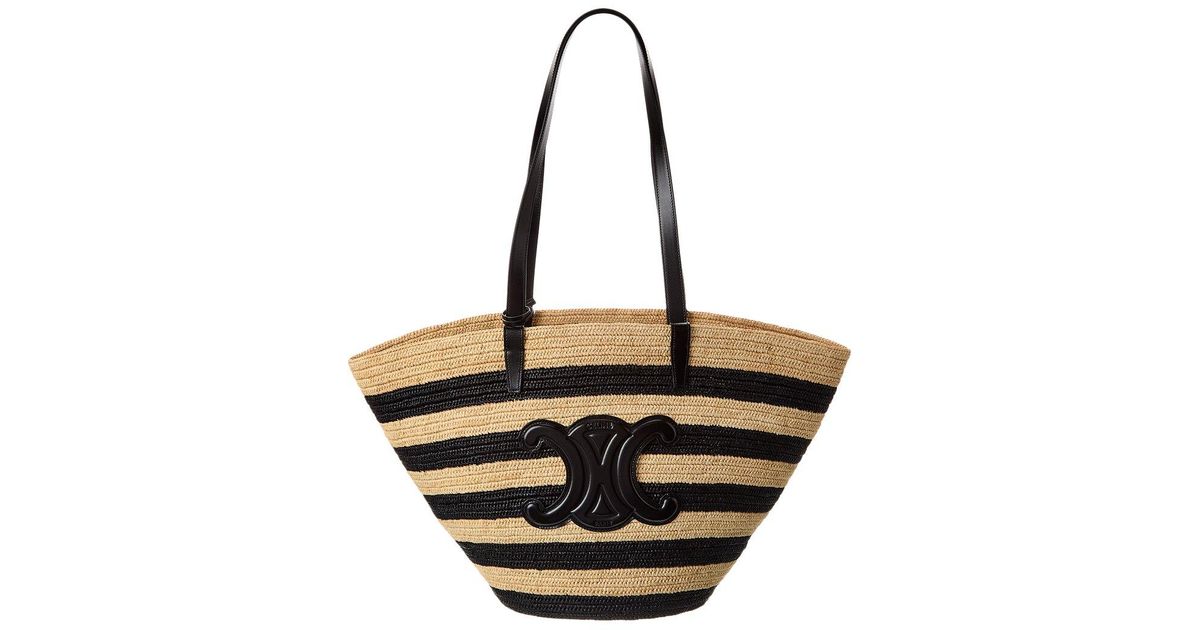 Celine Striped Couffin Raffia & Leather Tote in Black | Lyst