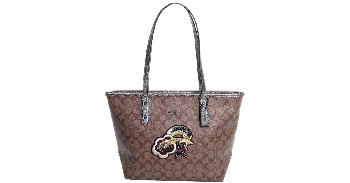 COACH Signature Glitter Patch City Zip Tote in Brown | Lyst