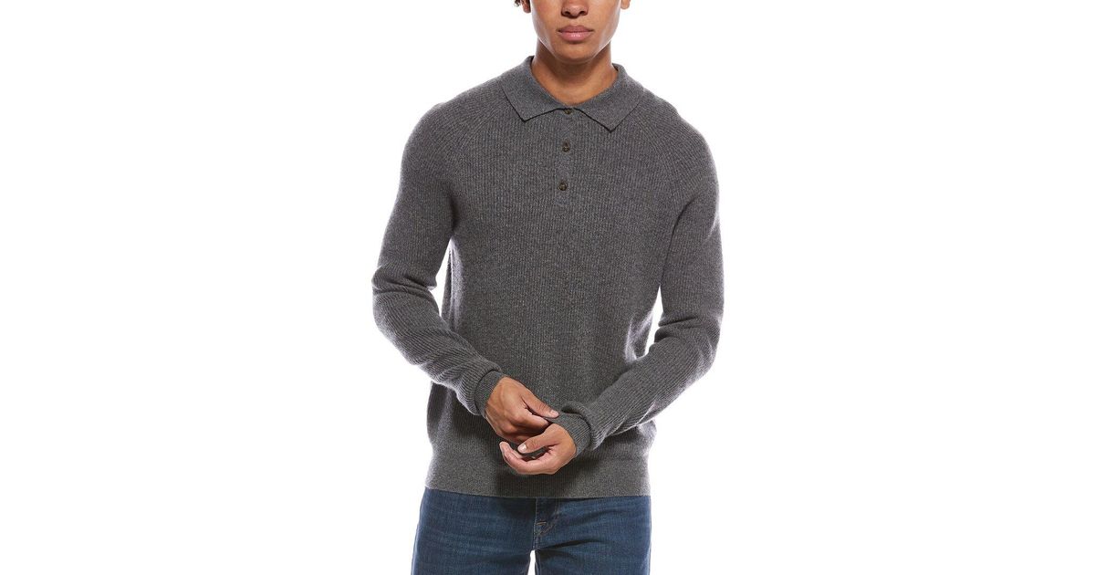 Amicale Cashmere Ribbed Cashmere Button Polo Shirt in Grey for Men ...