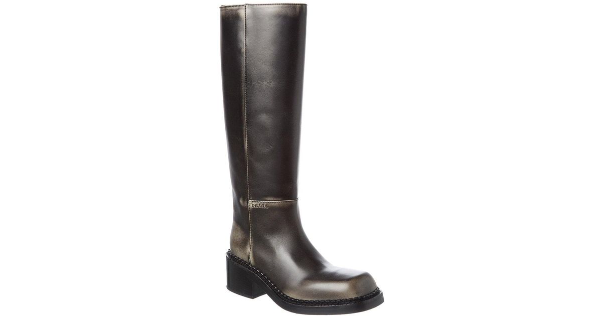 Prada Logo Leather Knee-High Boot in Black | Lyst