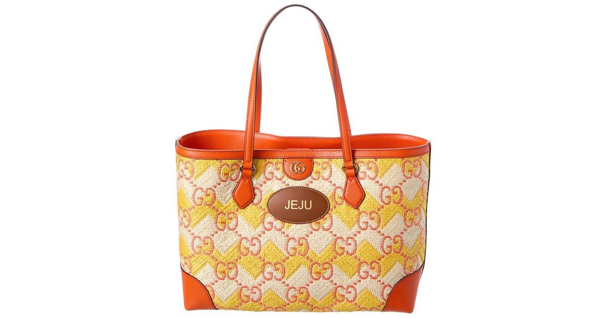 Gucci Ophidia Straw & Leather Tote in Orange | Lyst