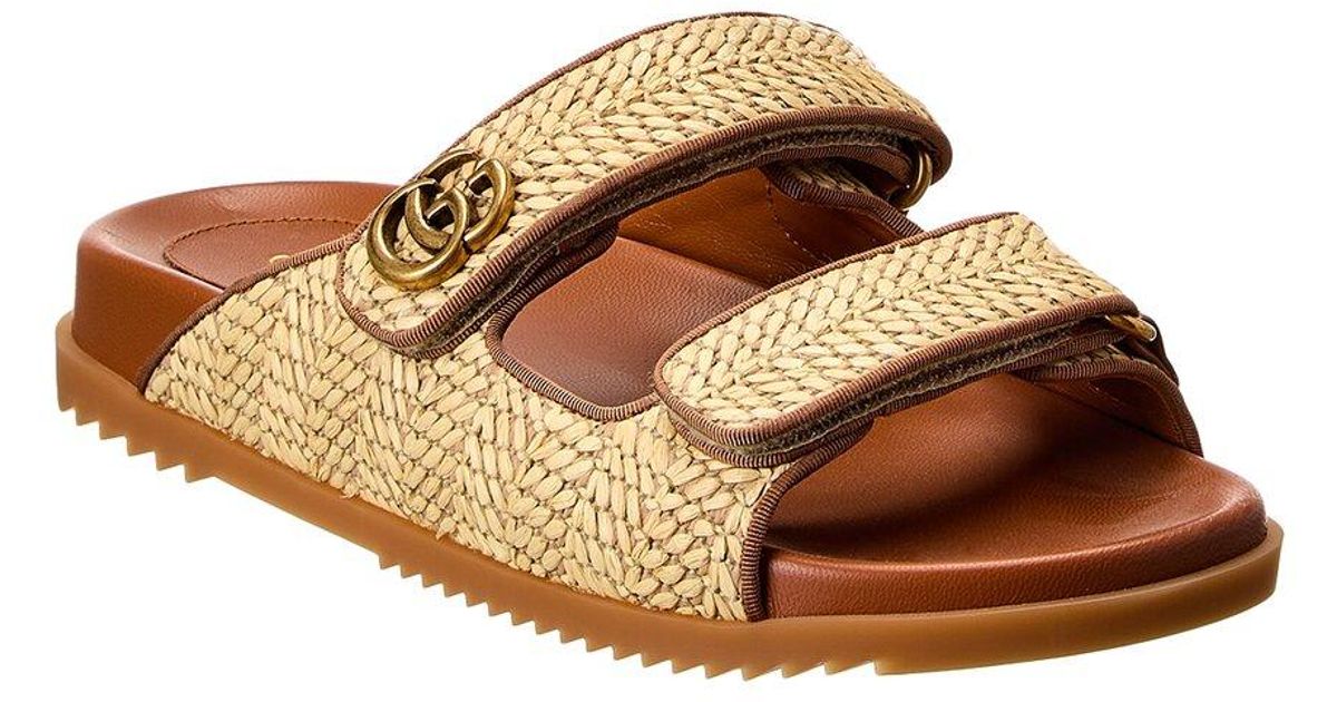 Gucci Double G Plaque Raffia Sandal in Brown | Lyst