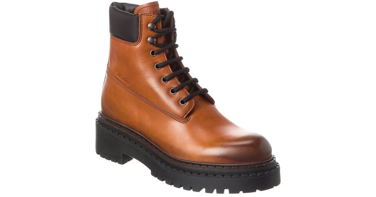 Prada Logo Leather Boot in Brown | Lyst
