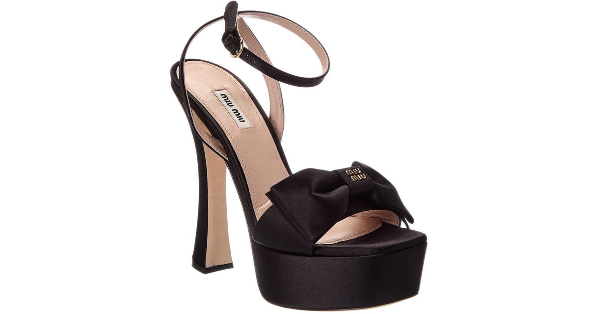 Miu Miu Bow Satin Platform Sandal in Black | Lyst