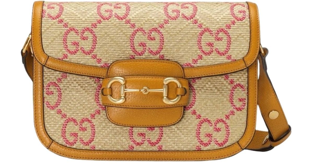 Gucci Horsebit 1955 Pink Raffia Shoulder Bag in Brown | Lyst