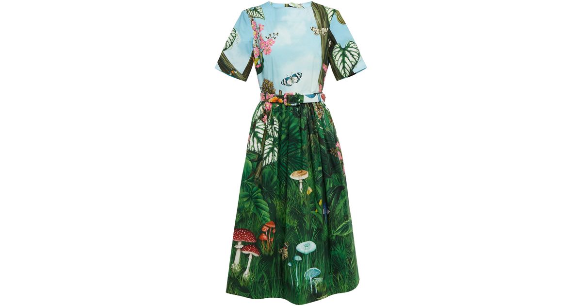 Oscar de la Renta Botanical Forest Print Stretch Poplin Midi Dress in ...