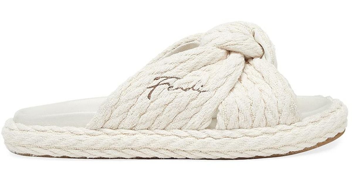 Fendi 25mm Woven Raffia Twist Slides in White | Lyst