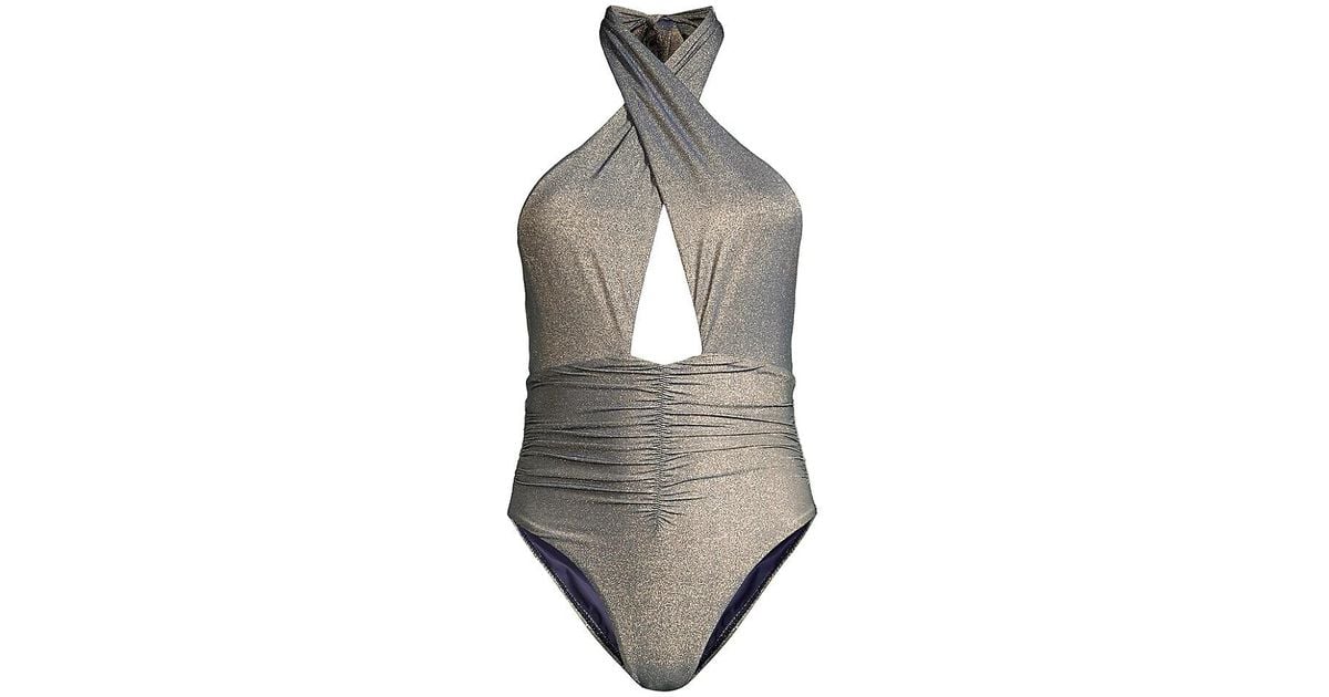 Pq Swim Synthetic Celine Ruched Halter One Piece Swimsuit In White Lyst