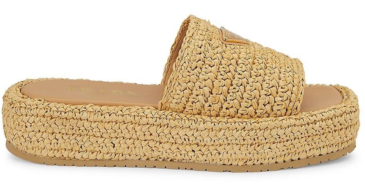 Prada Raffia Flatform Sandals in White | Lyst