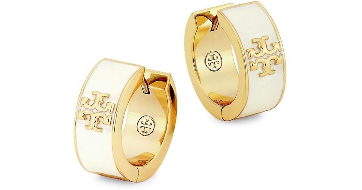 Tory Burch Kira 18k Gold Plated And Enamel Logo Huggie Hoop Earrings In