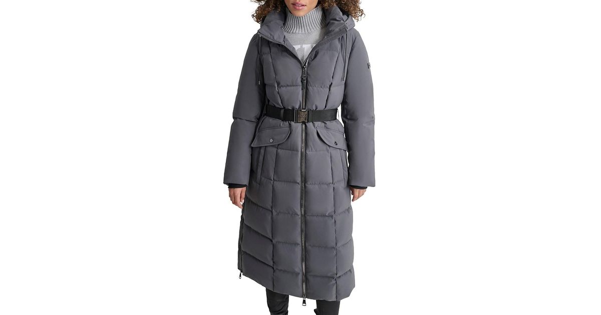 DKNY Belted Puffer Coat in Gray | Lyst