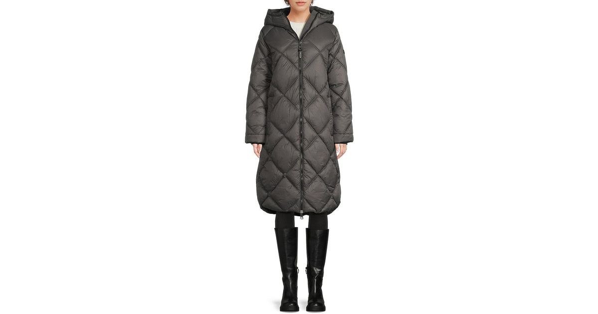 DKNY Missy Diamond Quilted Longline Puffer Coat in Grey | Lyst UK
