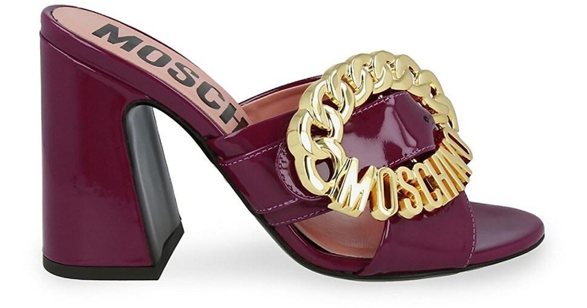 Moschino Logo Patent Leather Flare Heel Sandals in Purple | Lyst