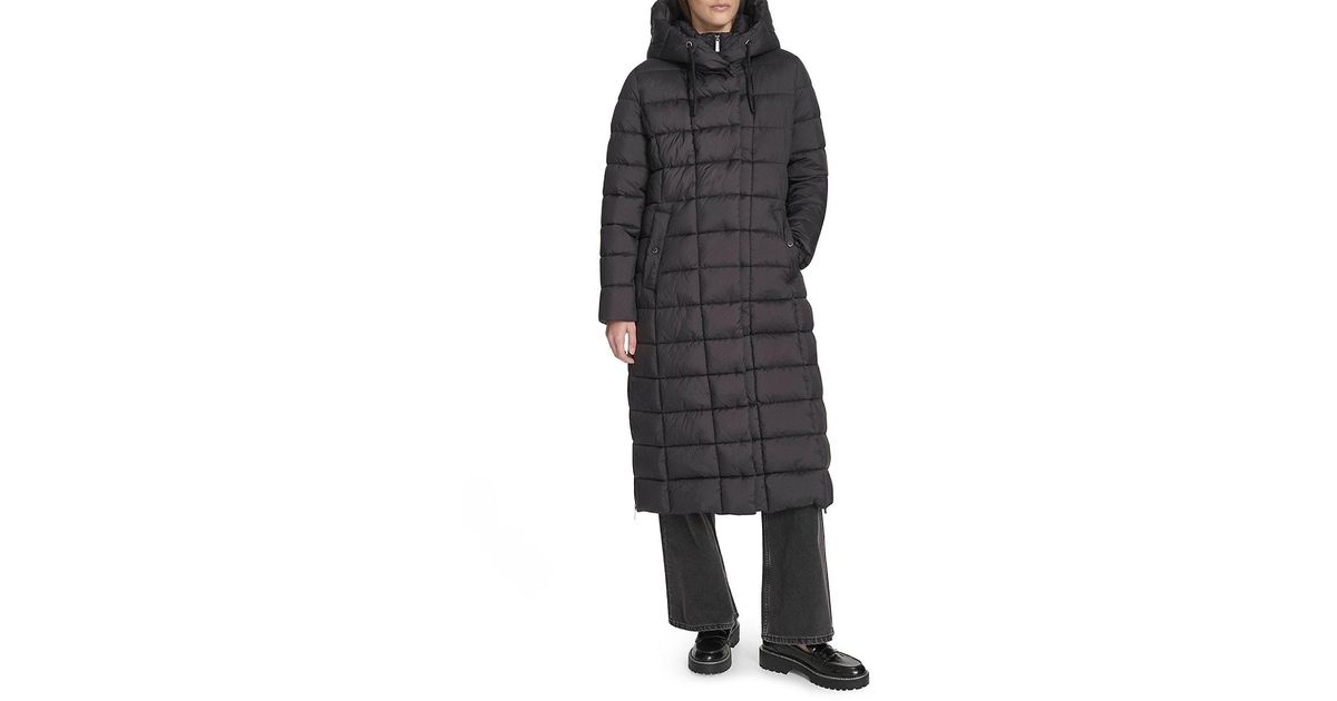 Kenneth Cole Hooded Longline Puffer Jacket in Black | Lyst