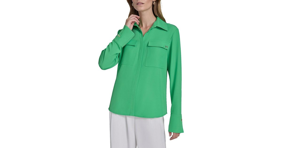 Halston Logo Appliqué Curved Hem Shirt in Green | Lyst