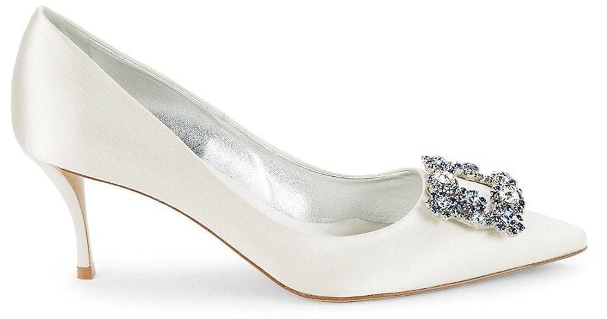 Roger Vivier Flower Strass Embellished Satin Pumps in White | Lyst