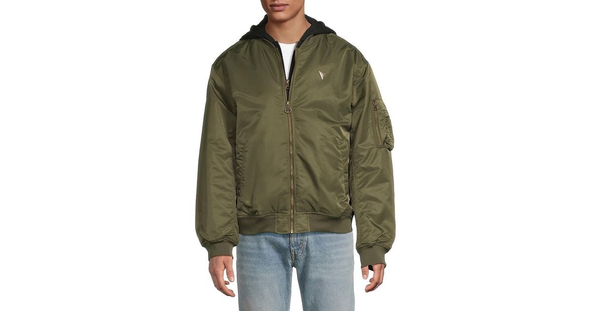 Guess John Hooded Bomber Jacket in Green for Men | Lyst UK