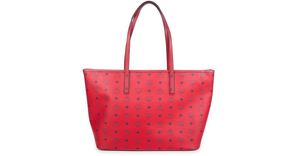 MCM Aren Visetos Monogram Coated Canvas Tote in Red | Lyst