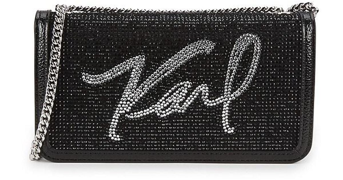 Karl Lagerfeld Kosette Signature Rhinestone Wallet On Chain in Black | Lyst