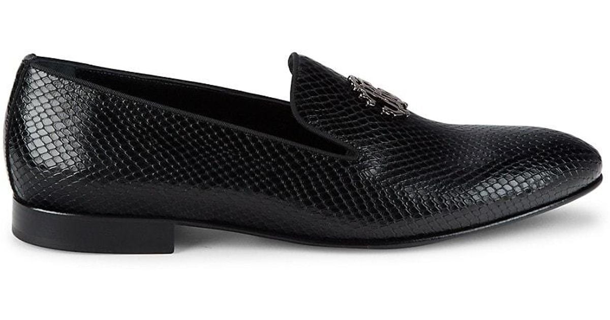 Roberto Cavalli Snakeskin Embossed Leather Loafers in Black for Men | Lyst