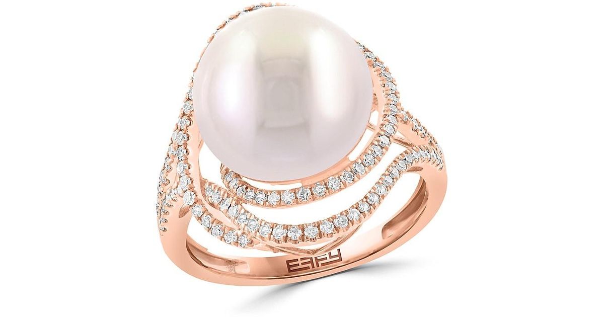 Effy 14K Rose, 12Mm Freshwater Pearl & Diamond Ring in White | Lyst