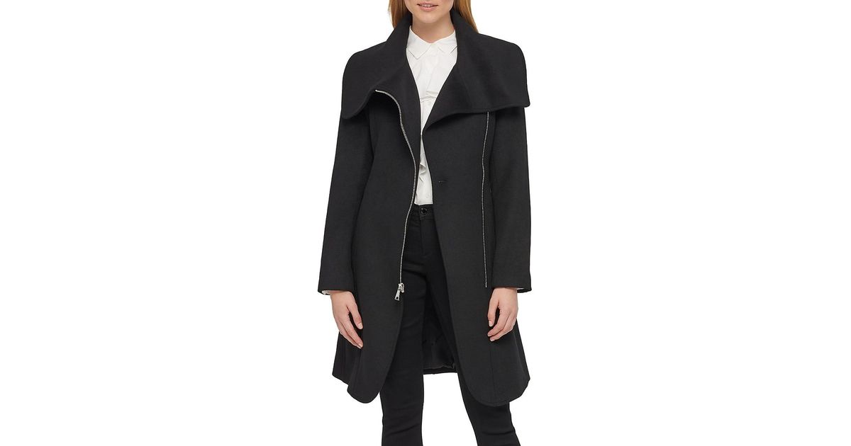 Karl Lagerfeld Envelope Collar Wool Blend Zip Coat in Black | Lyst