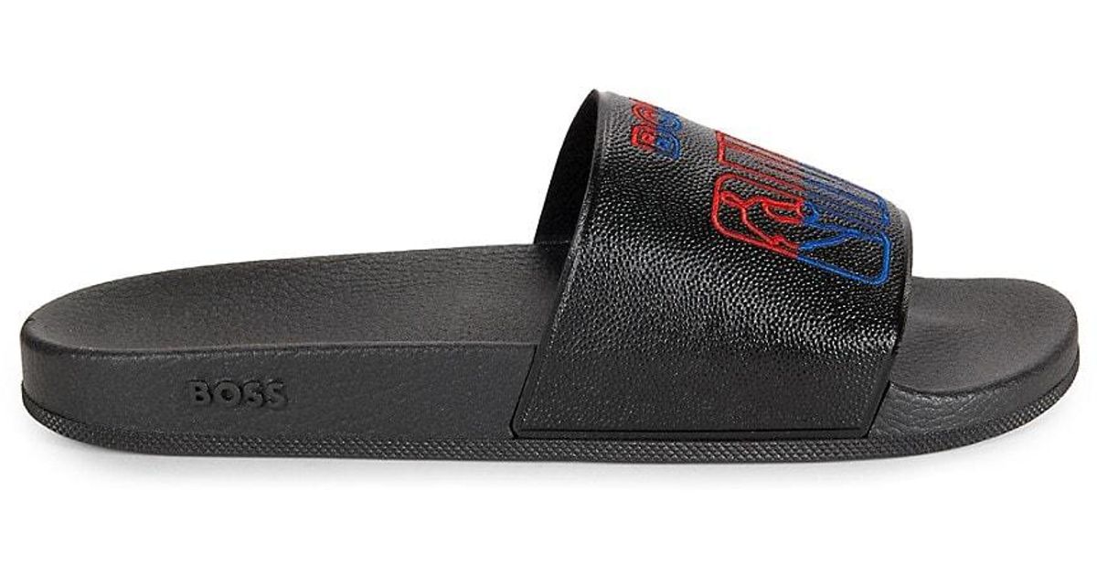 BOSS Nba X Faux Leather Slides in Black for Men | Lyst