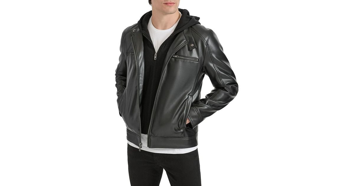 Kenneth Cole Faux Leather Hooded Moto Jacket in Black for Men | Lyst