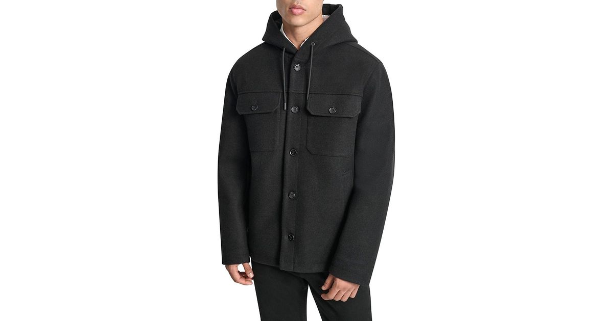DKNY Faux Wool Hooded Shirt Jacket in Black for Men | Lyst