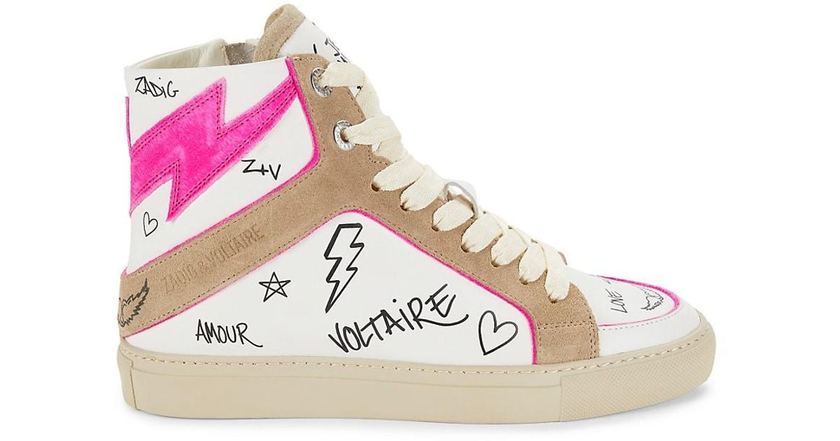 Zadig & Voltaire Graphic High-top Leather Sneakers in Pink | Lyst