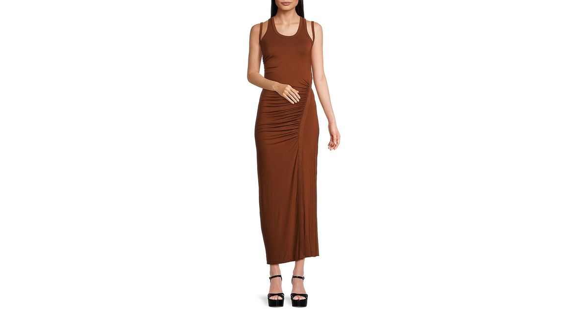 Third Form Push Pull Ruched Maxi Tank Dress in Brown | Lyst