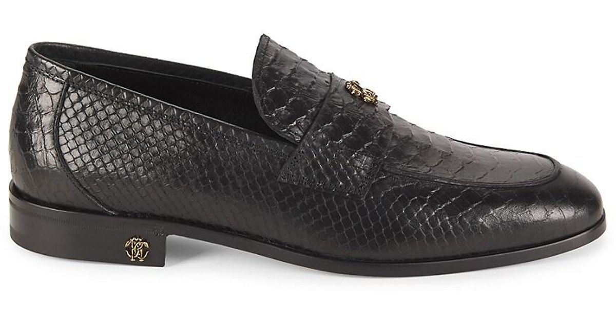 Roberto Cavalli Python-Embossed Leather Penny Loafers in Black for Men ...