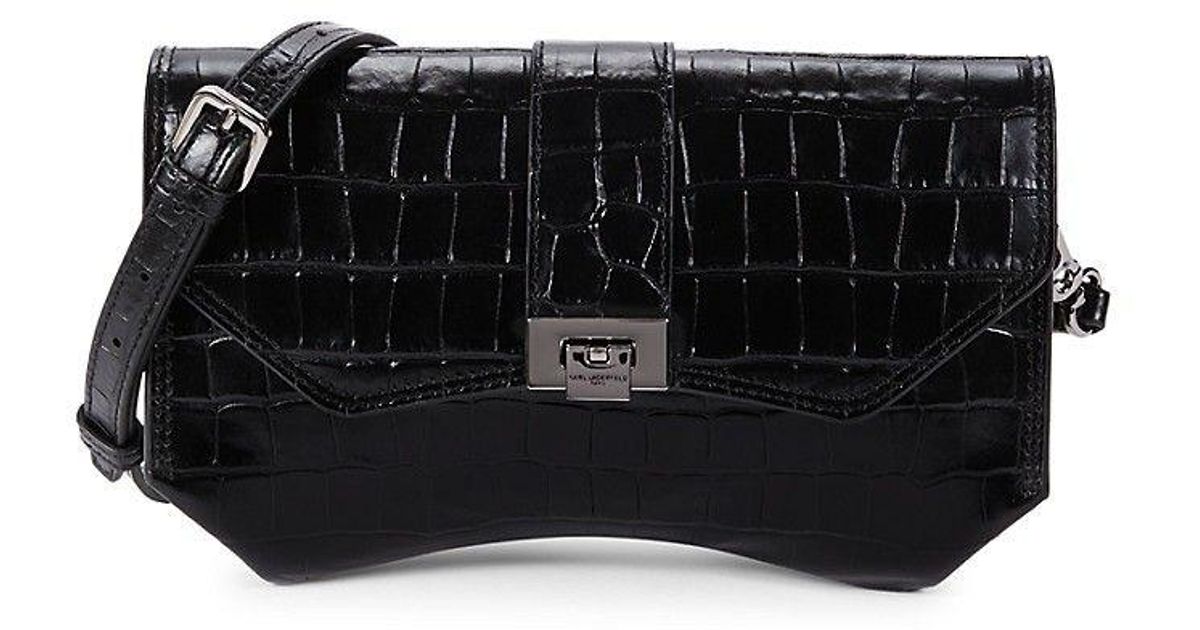 Karl Lagerfeld Marceline Croc Embossed Leather Crossbody Bag in Black ...