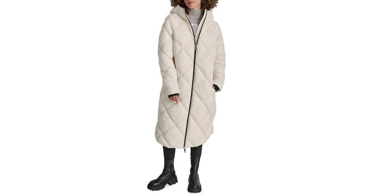 DKNY Missy Diamond Quilted Longline Puffer Coat in Natural | Lyst