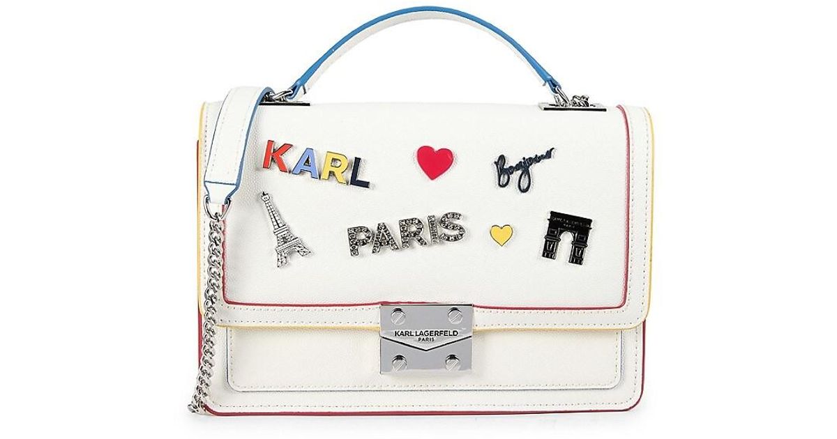 Karl Lagerfeld Corinne Graphic Pin Leather Shoulder Bag in White | Lyst