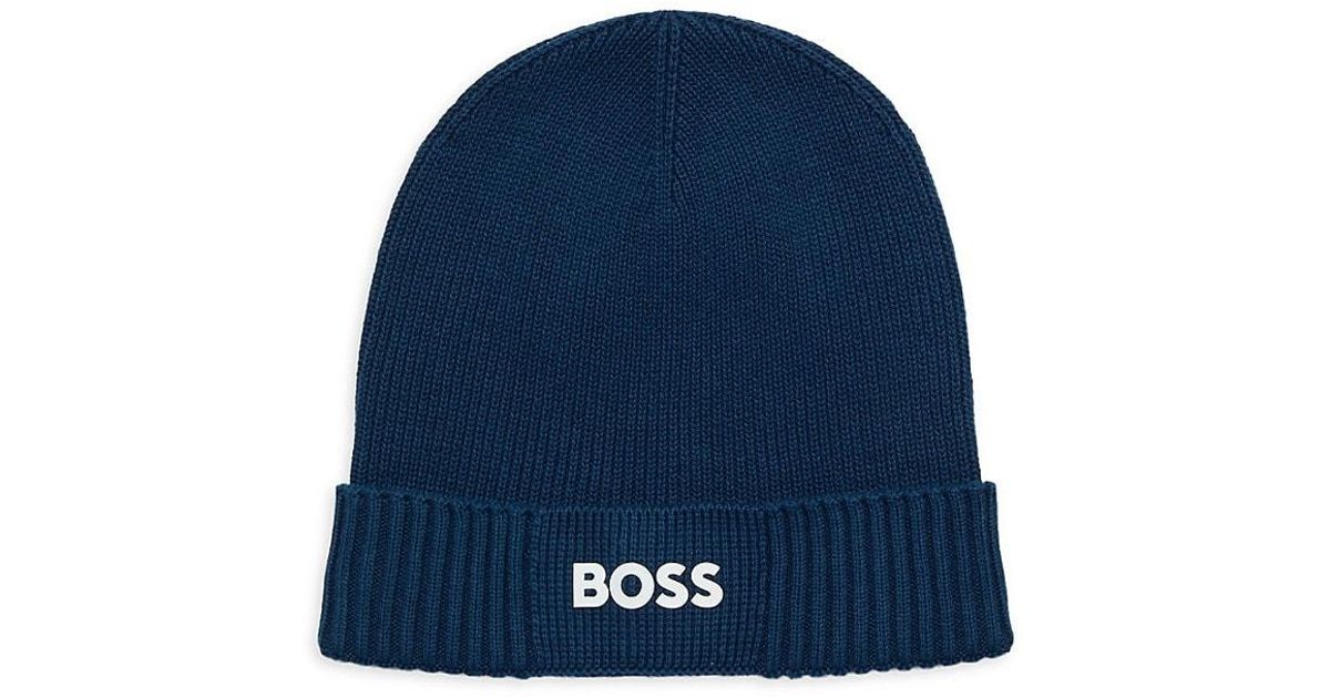 BOSS Asic Logo Ribbed Beanie in Blue for Men | Lyst
