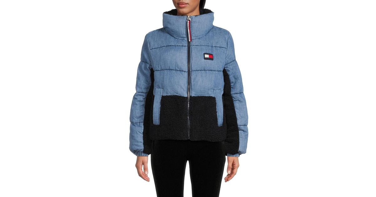 Tommy Hilfiger Faux Shearling Trim Denim Puffer Jacket in Blue | Lyst
