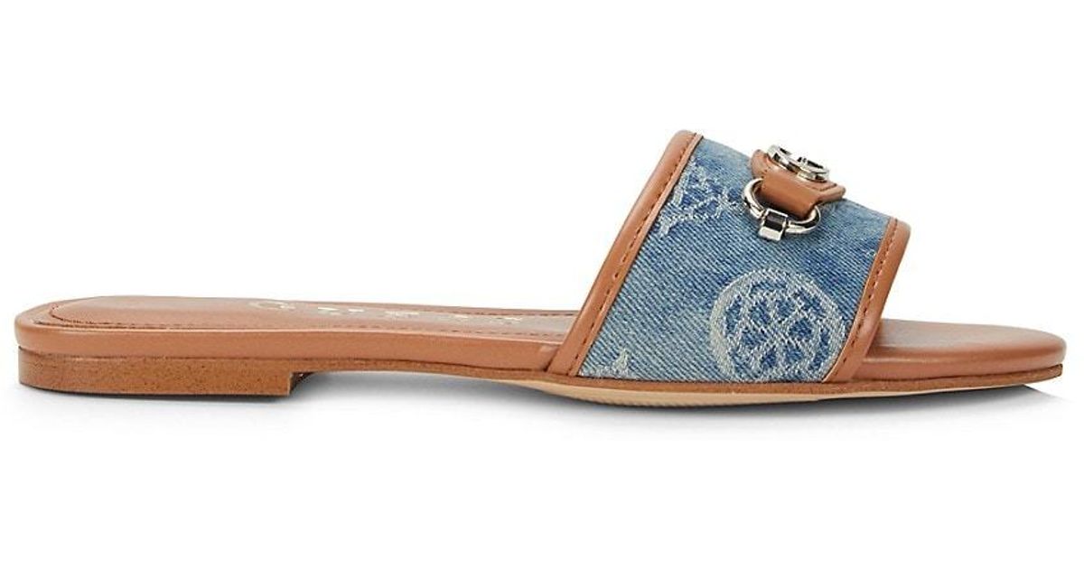 Guess Hammi Logo Denim Flat Sandals in Blue | Lyst
