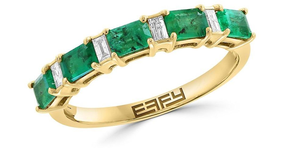 Effy 14k Yellow Gold, Emerald & 0.11 Tcw Diamond Band Ring in Green | Lyst