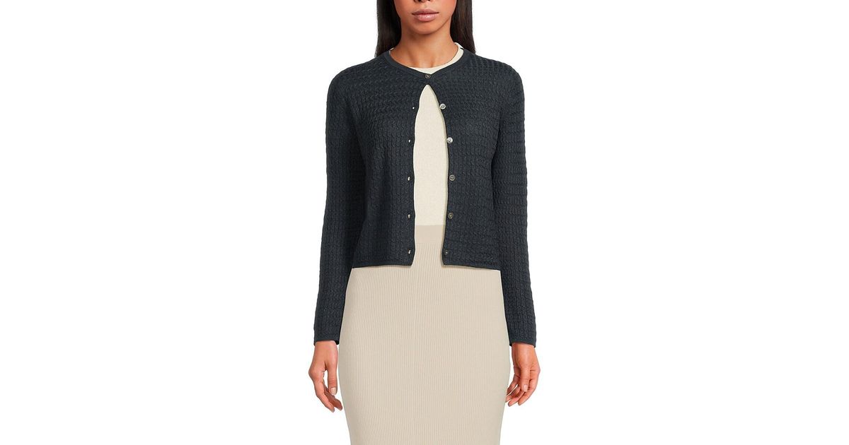 Theory Cable-Knit Linen-Blend Crop Cardigan in Blue | Lyst