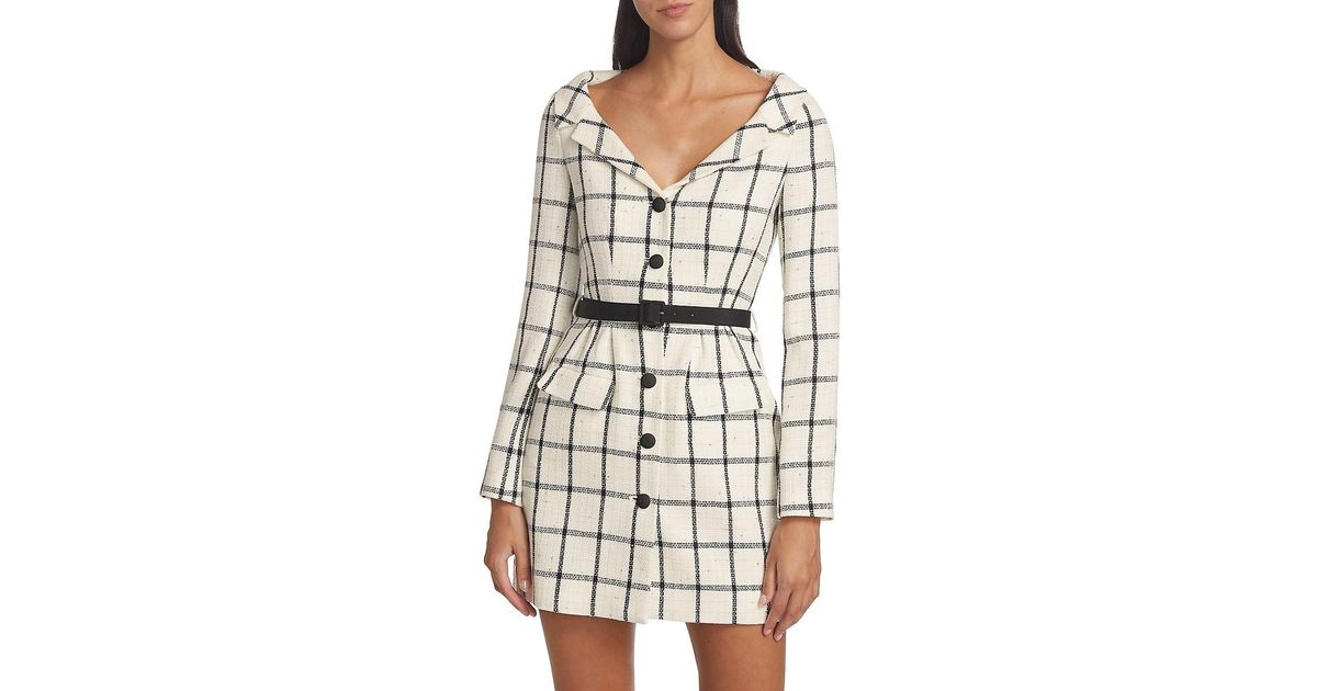Self-Portrait Checkered Belted Minidress in White | Lyst
