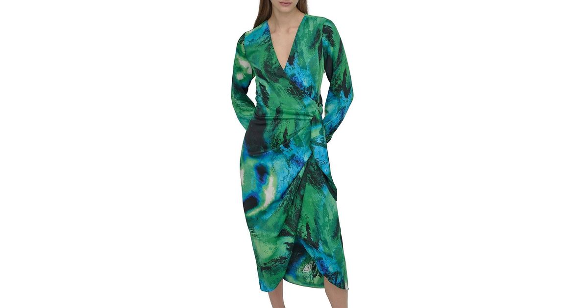 DKNY Abstract Tulip Hem Wrap Midi-Dress in Green | Lyst