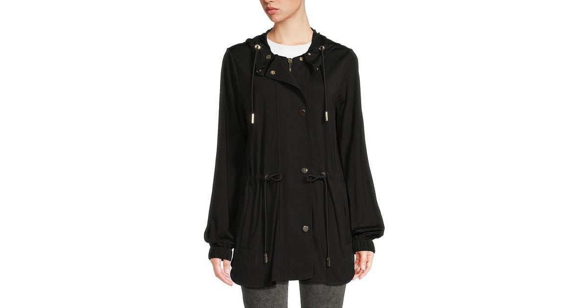 Halston Cinched Waist Hooded Jacket in Black | Lyst