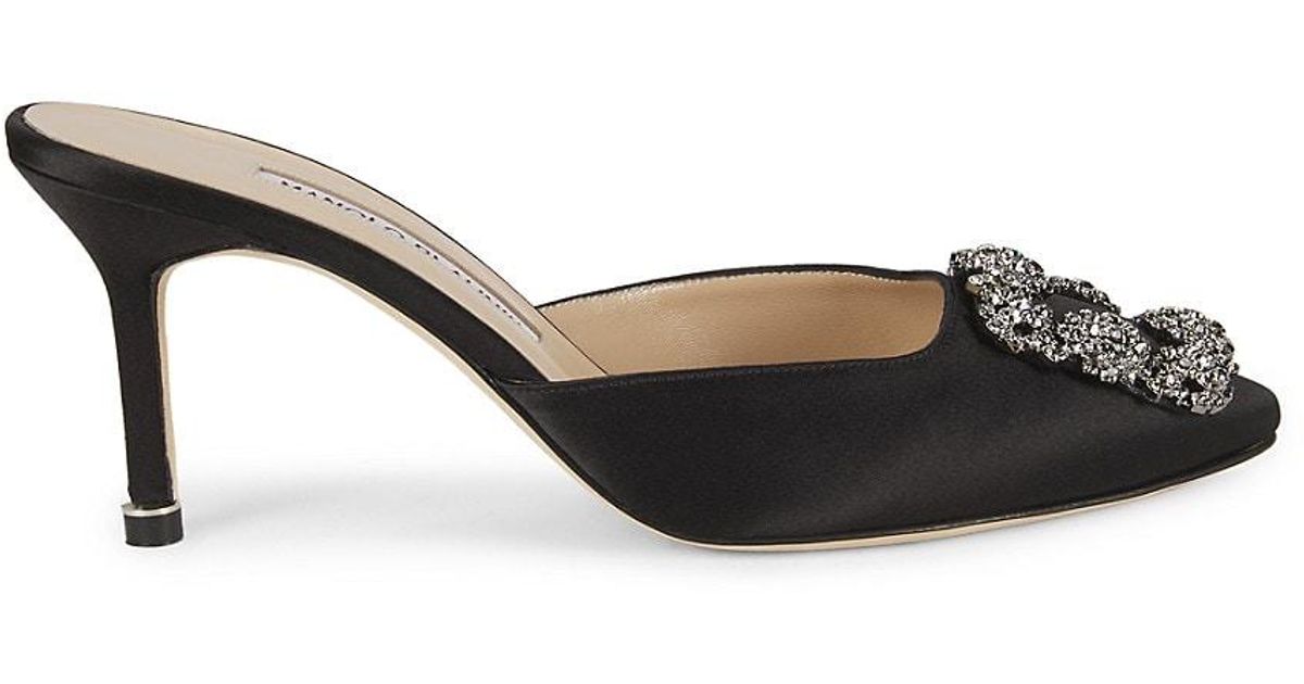 Manolo Blahnik Hangisimu 75Mm Embellished Satin Mules in Black | Lyst
