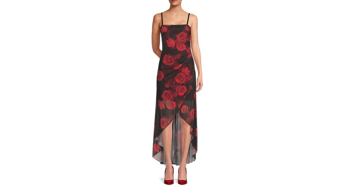 Bebe Floral High Low Sheath Midi Dress in Red | Lyst