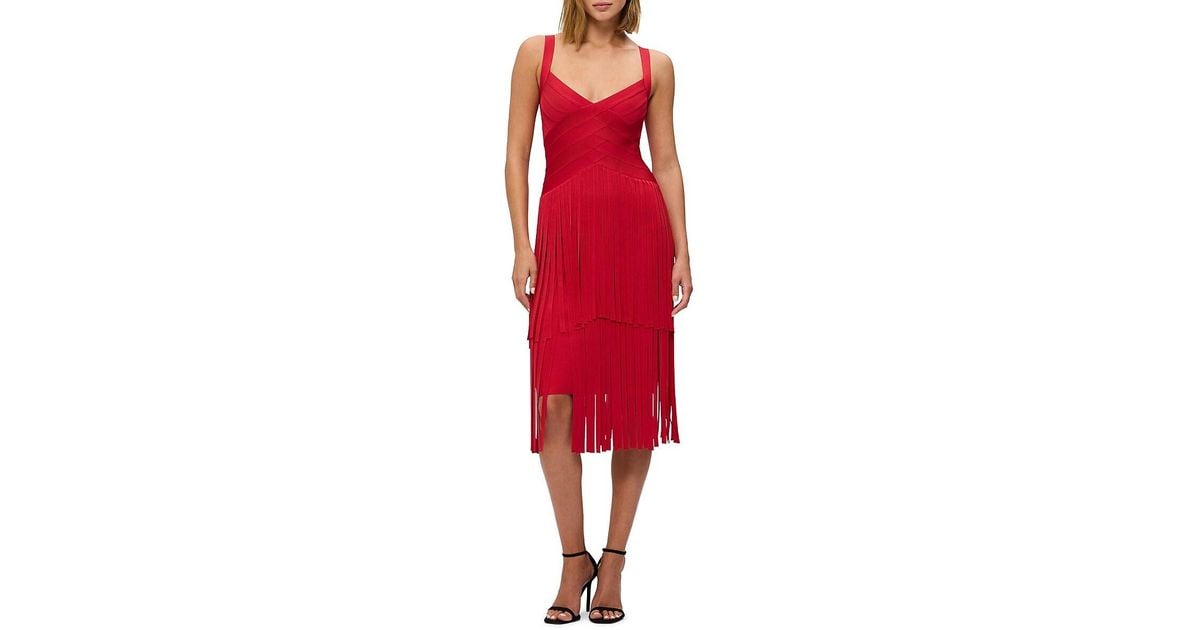 Hervé Léger The Mischa Fringe Hem Bandage Midi Dress in Red | Lyst
