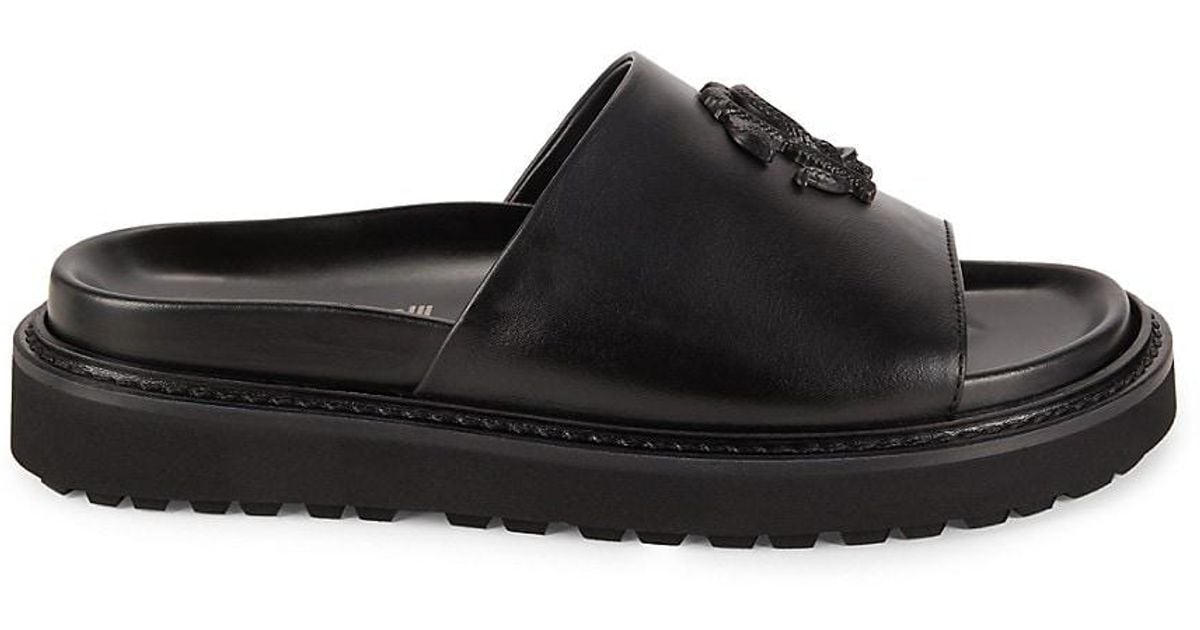 Roberto Cavalli Leather Logo Slides in Black for Men | Lyst