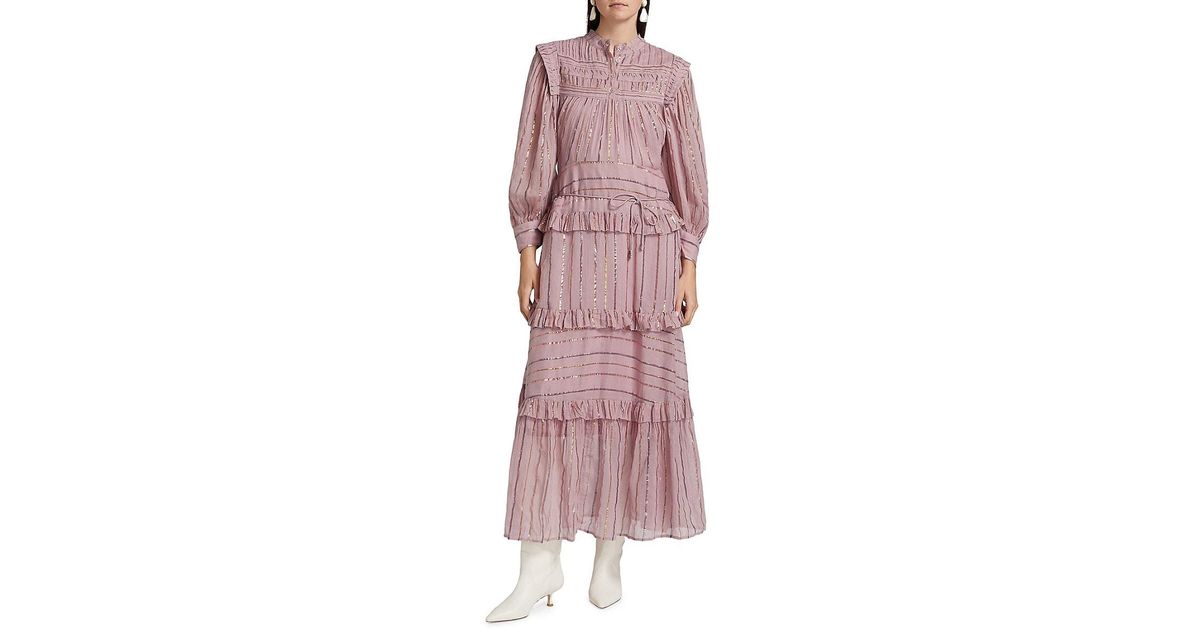 FARM Rio Metallic Striped Tiered Maxi Dress in Pink | Lyst UK